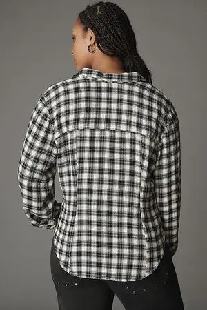 PILCRO The Keaton Ruched Collared Blouse - Black/white Plaid