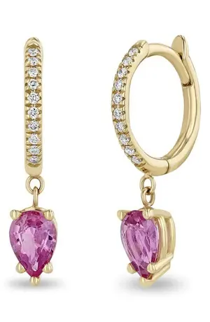 Zoe Chicco Diamond And Pink Sapphire Drop Hoop Earrings - 14k Yellow Gold