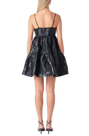 Endless Rose Metallic Floral Jacquard Tiered Minidress - Black