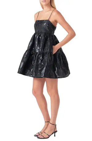 Endless Rose Metallic Floral Jacquard Tiered Minidress - Black