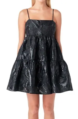Endless Rose Metallic Floral Jacquard Tiered Minidress - Black