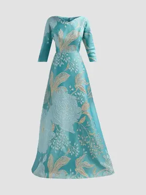 Rickie Freeman For Teri Jon Floral Metallic Jacquard Ballgown - Turquoise Multi