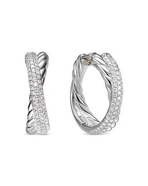 David Yurman Sterling And Diamond Crossover Hoop Earrings - Silver