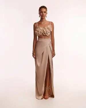 MILLA High-waisted Maxi Satin Skirt With Slit - Beige