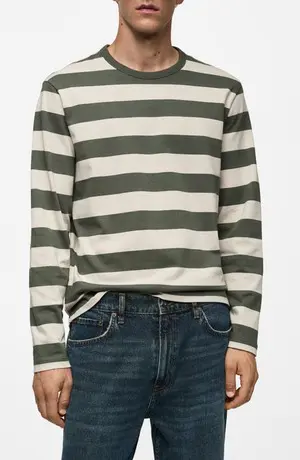 Mango Stripe Long Sleeve Cotton T-shirt - Forest Green