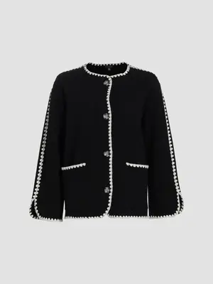 SAKS FIFTH AVENUE Whipstitch-trim Cashmere Cardigan - Black Frost White