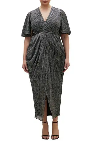 City Chic Lily Metallic Ruched Dress - Black