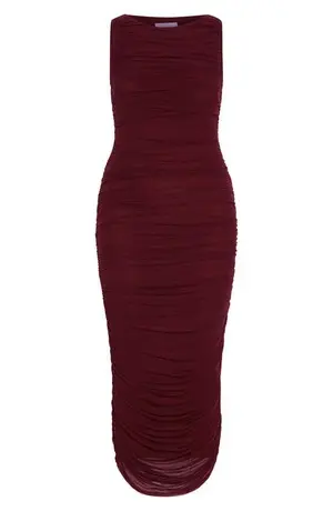 City Chic Halo Sleeveless Ruched Mesh Dress - Dark Cherry
