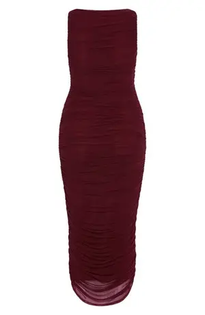 City Chic Halo Sleeveless Ruched Mesh Dress - Dark Cherry