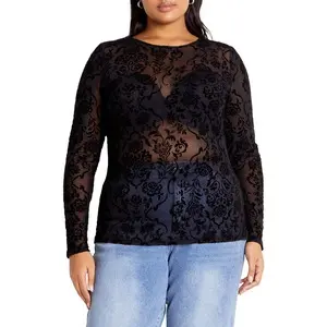 City Chic Sienna Velvet Floral Mesh Top - Black