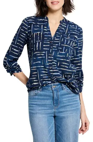 NIC+ZOE Indigo Dash Geometric Print Long Sleeve Shirt