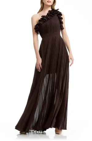 Dress The Population Vida One-shoulder Pleated Chiffon Gown - Mocha