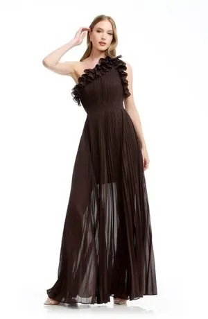 Dress The Population Vida One-shoulder Pleated Chiffon Gown - Mocha