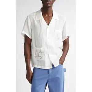 BODE Skiers Embroidered Linen Camp Shirt - White Multi