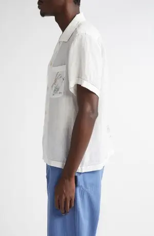 BODE Skiers Embroidered Linen Camp Shirt - White Multi
