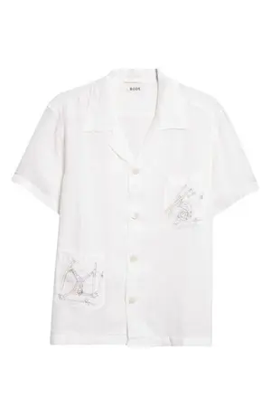 BODE Skiers Embroidered Linen Camp Shirt - White Multi