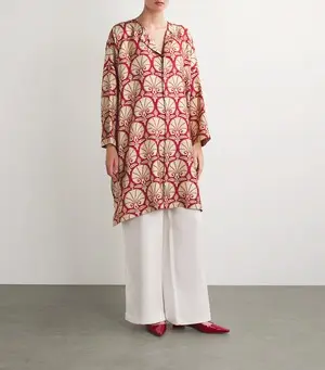 Eskandar Printed Silk Longline Shirt - Red