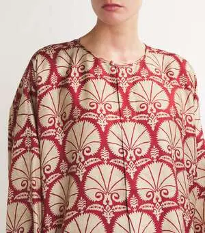 Eskandar Printed Silk Longline Shirt - Red