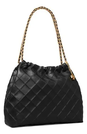 Tory Burch Fleming Quilted Leather Hobo Bag - Black