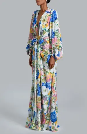 GHRAIL Millie Tie Belt Long Sleeve Satin Gown