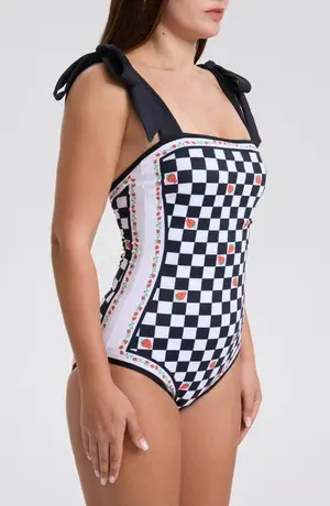 JESSIE ZHAO NEW YORK Checkerboard Imagination Reversible One-piece Swimsuit