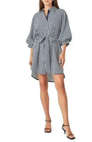 English Factory Stripe Belted Shirt Dress - White/ Navy