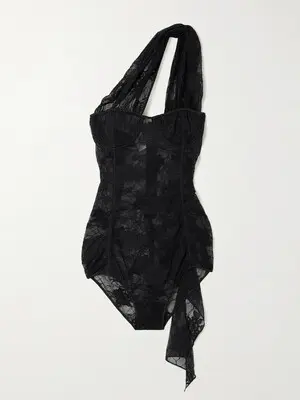 Oseree One-shoulder Draped Lace Bodysuit