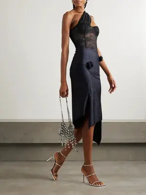 Oseree One-shoulder Draped Lace Bodysuit