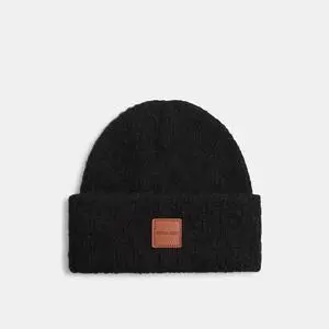 COACH Knit Beanie With Leather Patch Black
