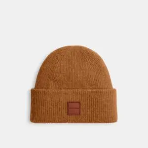COACH Knit Beanie With Leather Patch - Honey Brown