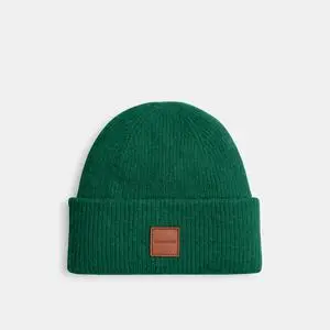 COACH Knit Beanie With Leather Patch Ivy