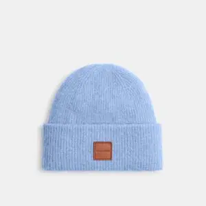 COACH Knit Beanie With Leather Patch Mist Blue