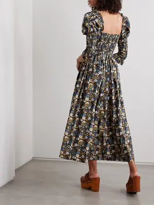 DÔEN Bijou Shirred Floral-print Midi Dress - Multi