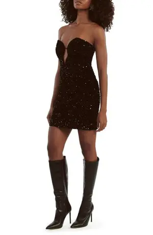 Bardot Eleni Sequin Plunge Neck Strapless Velvet Minidress - Black Sequin