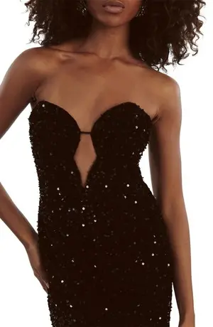 Bardot Eleni Sequin Plunge Neck Strapless Velvet Minidress - Black Sequin