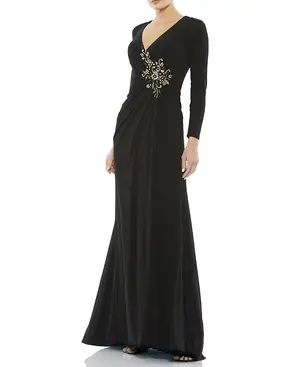 Mac Duggal Faux Wrap Long Sleeve Gown With Applique - Black
