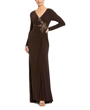 Mac Duggal Faux Wrap Long Sleeve Gown With Applique - Chocolate