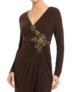 Mac Duggal Faux Wrap Long Sleeve Gown With Applique - Chocolate