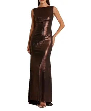 Mac Duggal Metallic Cowl Back Column Gown - Espresso