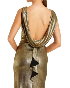 Mac Duggal Metallic Cowl Back Column Gown - Gold