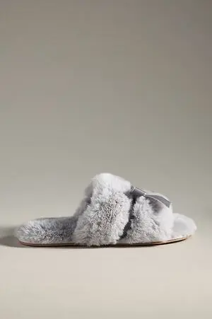 Maeve Faux-fur Open-toe Bow Slippers Blue