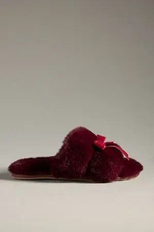 Maeve Faux-fur Open-toe Bow Slippers Purple