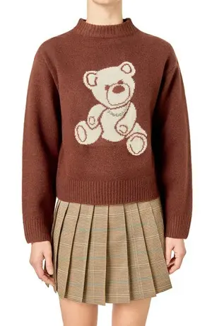 English Factory Teddy Bear Embellished Sweater - Brown/white