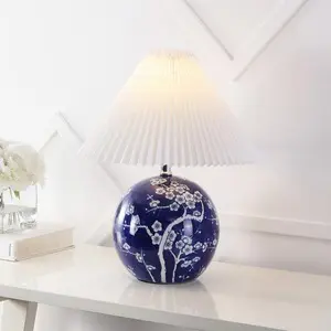 JONATHAN Y Shishen Cottage Classic Chinoiserie Ceramic Orb Led Table Lamp With Pleated Shade - Navy/white