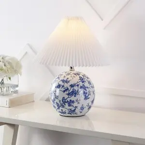 JONATHAN Y Shishen Cottage Classic Chinoiserie Ceramic Orb Led Table Lamp With Pleated Shade - White/blue