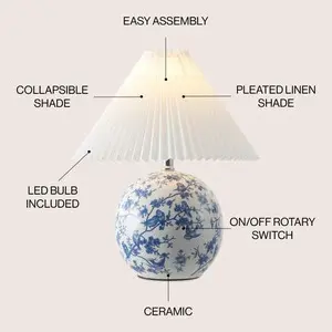 JONATHAN Y Shishen Cottage Classic Chinoiserie Ceramic Orb Led Table Lamp With Pleated Shade - White/blue