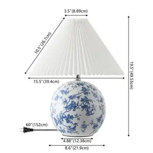 JONATHAN Y Shishen Cottage Classic Chinoiserie Ceramic Orb Led Table Lamp With Pleated Shade - White/blue
