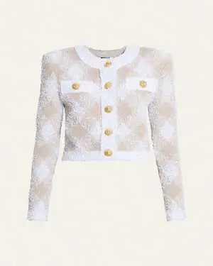 Balmain Balmain Vichy Check Tweed Knit Crop Jacket - White Multi