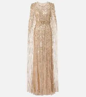 Jenny Packham Ruby Sequined Caped Gown
