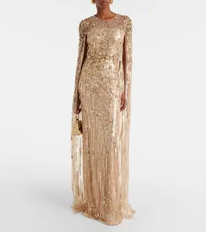 Jenny Packham Ruby Sequined Caped Gown